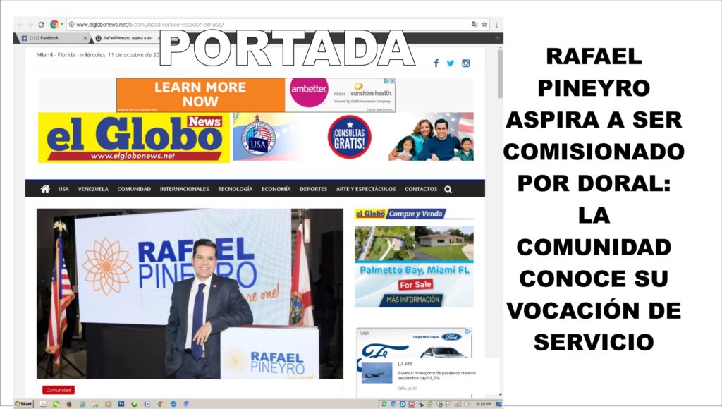Rafael Pineyro aspira a ser comisionado por Doral: Portada el Globo - El Notiloco de Botero